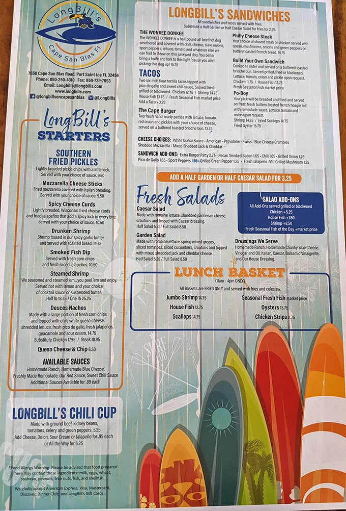 A menu that reads like coastal poetry—from Southern Fried Pickles to the legendary Wookiee Dookiee sandwich. Decision paralysis has never been so delicious.