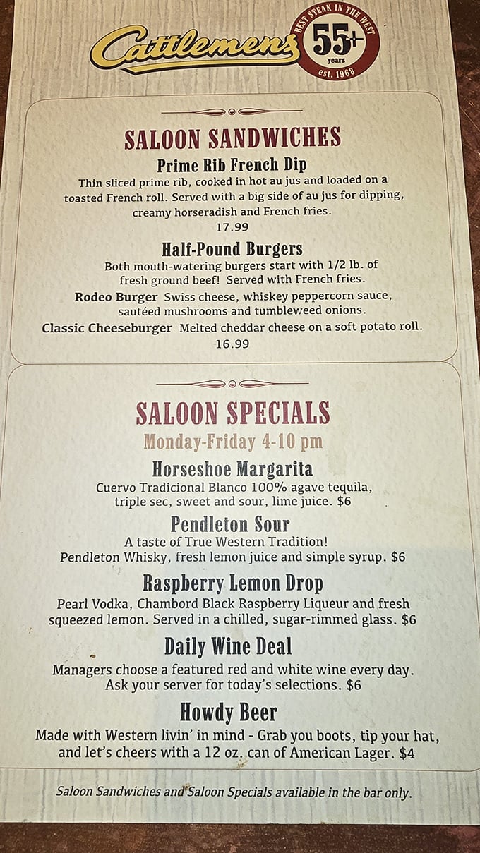 The menu doesn't mince words: straightforward steakhouse classics with cocktails that would make a cowboy blush with delight.