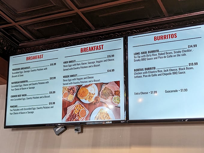 The menu board reads like a love letter to American classics. Breakfast all day? That's not just convenient—that's civilization.