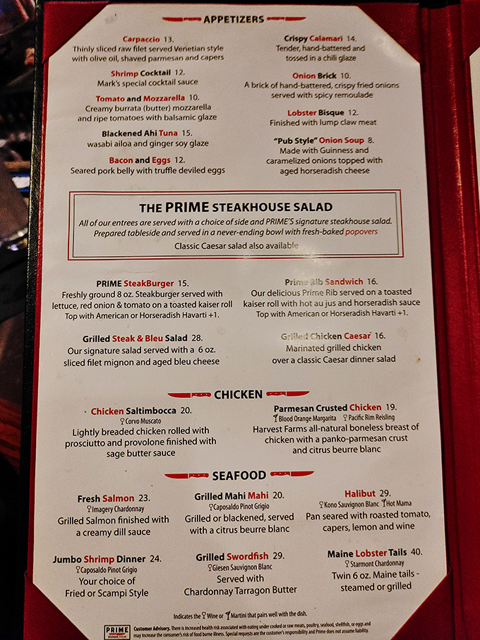 A menu that doesn't mince words – just meat. Each description reads like a love letter to carnivores and seafood enthusiasts alike.