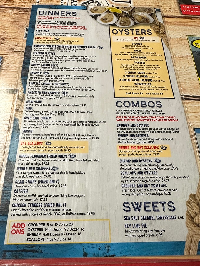 This menu isn't just a list—it's a treasure map where X marks the spot for those legendary baked oysters.
