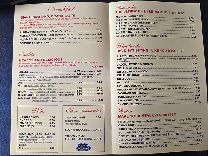 This menu isn't just a list of options—it's a roadmap to happiness with "Giant Portions" that aren't kidding around.