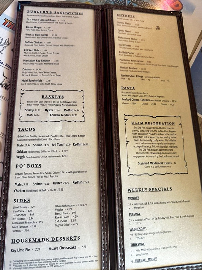 The menu reads like a love letter to Florida's waters—no pretentious descriptions, just honest seafood prepared with respect and skill.