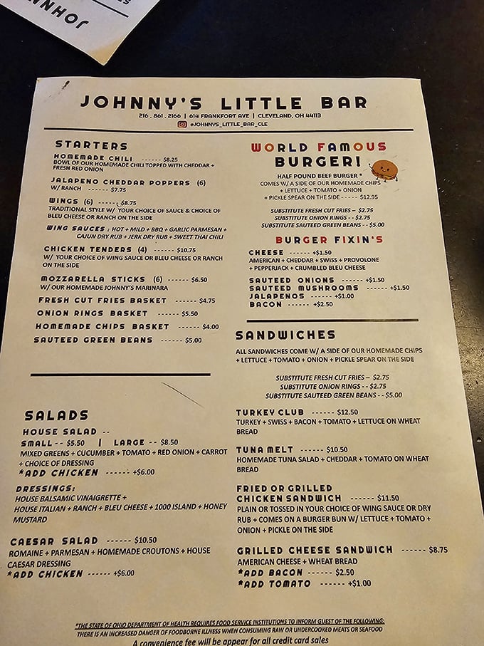 The menu doesn't need fancy fonts or flowery descriptions. When your burger is "World Famous," simplicity speaks volumes.