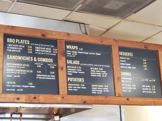 The menu board speaks fluent Texan – straightforward options that deliver maximum satisfaction per square inch.