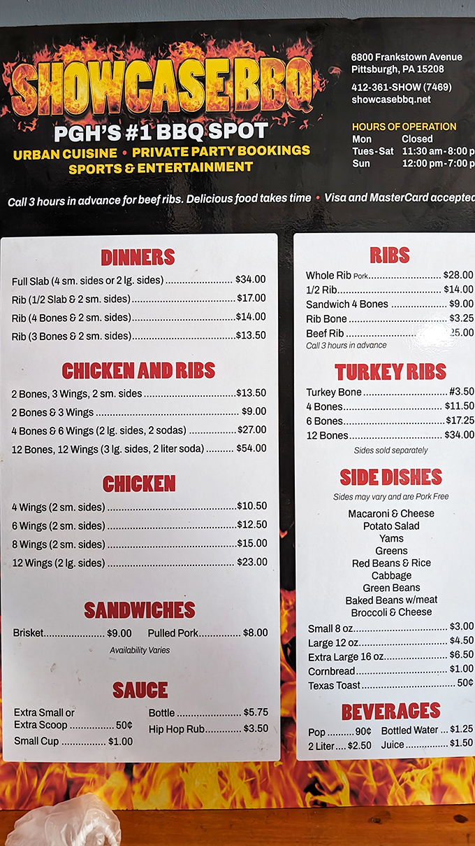 A menu that cuts right to the chase. No flowery descriptions needed when your barbecue speaks volumes with every smoky, saucy bite.