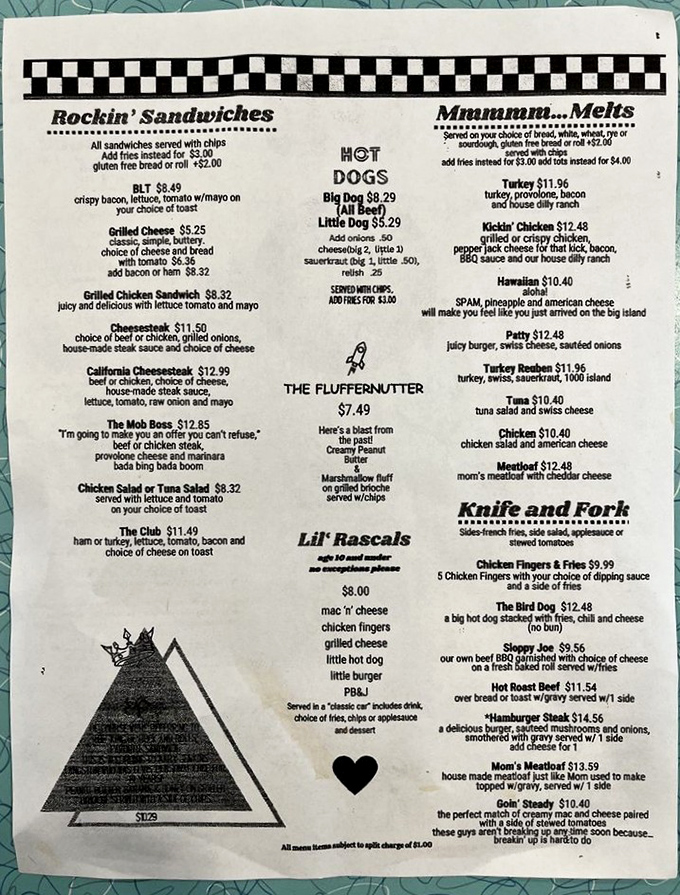 This menu isn't just a list of food—it's a roadmap to happiness with "Rockin' Sandwiches" and "Mmmmm...Melts" that would make the Fonz give a thumbs up.