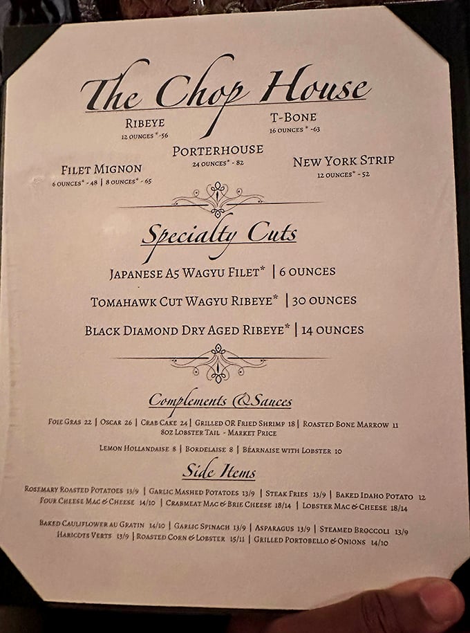 This isn't just a menu—it's a roadmap to happiness. The specialty cuts section reads like poetry to steak lovers who understand that greatness requires no explanation.
