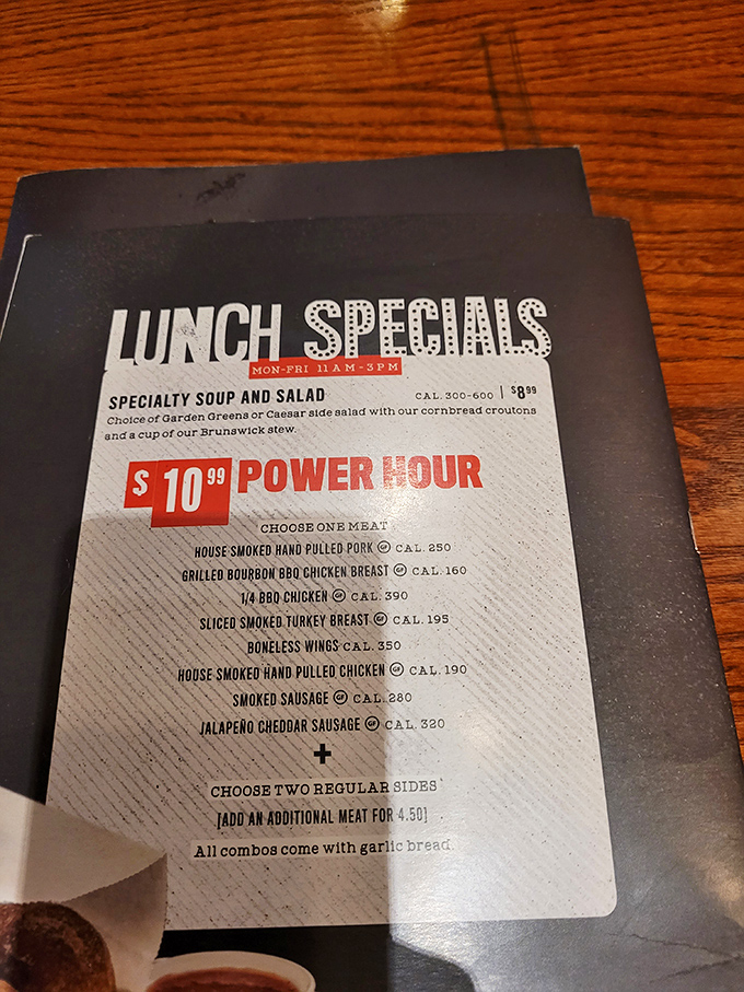 The Power Hour lunch special might be the best decision you make all day – meat, sides, and garlic bread for a midday feast.