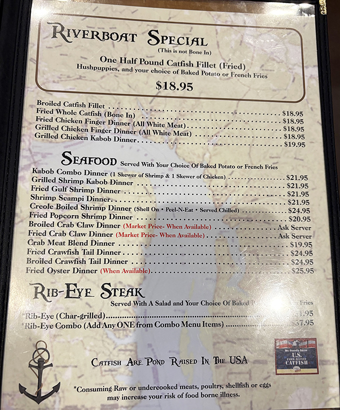 The menu reads like poetry to seafood lovers. That Riverboat Special isn't just a meal—it's the reason people drive across county lines on a Tuesday night.