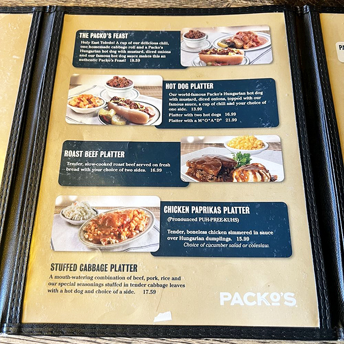 Decisions, decisions! The menu showcases Hungarian-American classics from the famous hot dogs to chicken paprikash that would make your grandmother weep with joy.