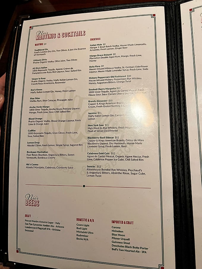 A cocktail menu that reads like a love letter to libations. The AZ Suns Italian practically whispers "desert sunset in a glass."
