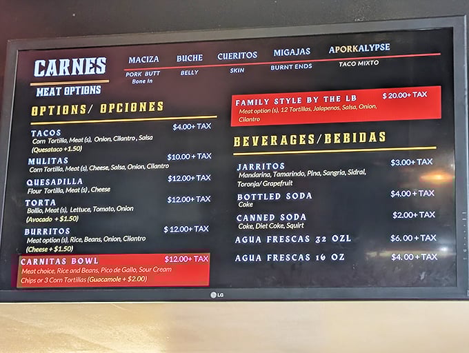 The menu board speaks the universal language of carnitas. Five different cuts of pork? That's not a menu—that's a love letter.