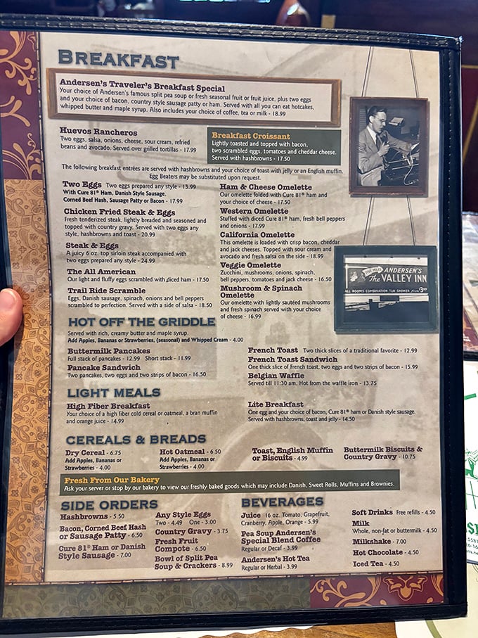 The breakfast menu reads like a love letter to morning indulgence – where else can you start your day with legendary pea soup alongside your eggs?