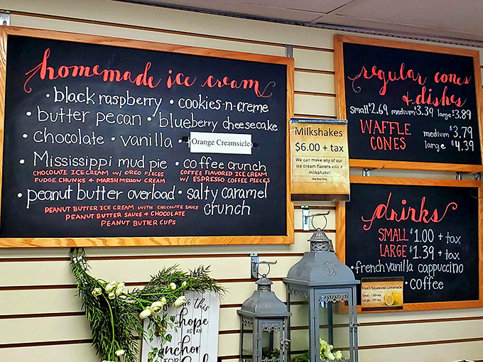 That chalkboard menu isn't just listing ice cream flavors—it's publishing a manifesto for happiness. Mississippi Mud Pie and Peanut Butter Overload? Yes, please!