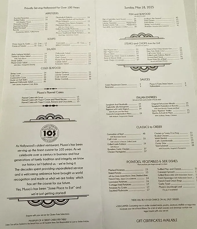 This isn't just a menu – it's a historical document. Classic dishes that have satisfied Hollywood's elite for generations await your selection.