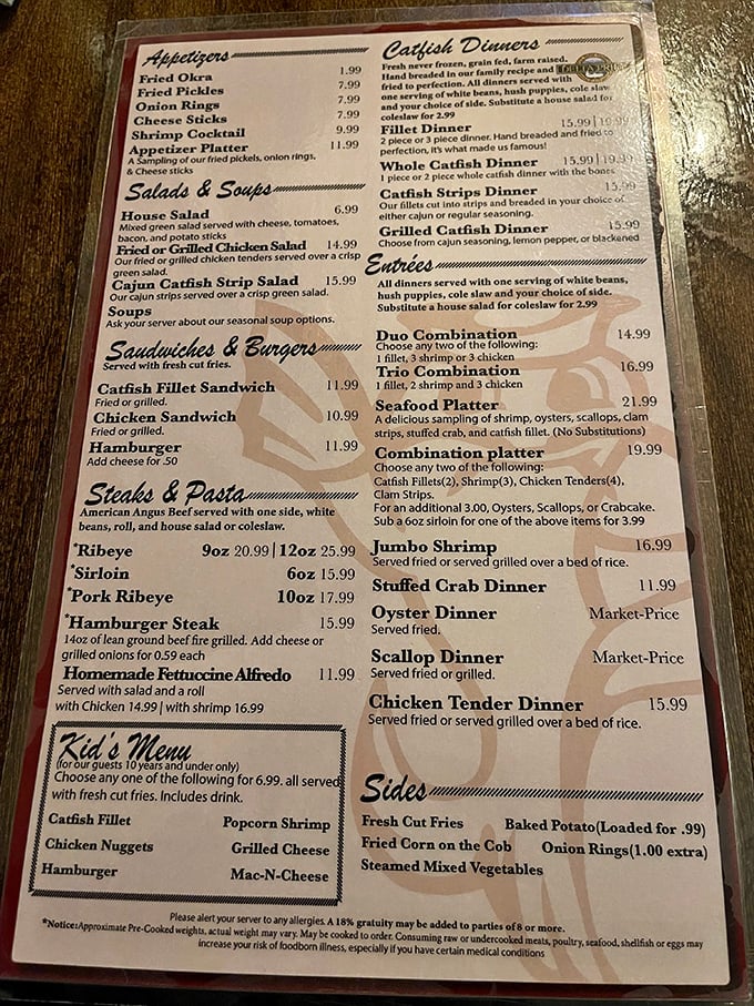 A menu that doesn't need fancy fonts or pretentious descriptions—just honest food that speaks for itself. The catfish has plenty to say.