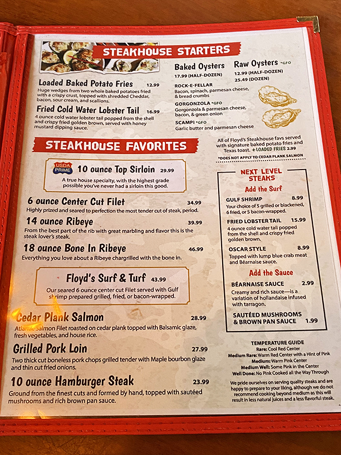 The menu reads like a love letter to seafood enthusiasts, with tempting options from Oysters Rockefeller to bone-in ribeyes.