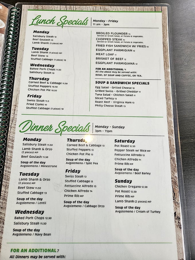 This menu isn't just a list of food—it's a roadmap to happiness. Thursday's corned beef and cabbage has saved many a soul.