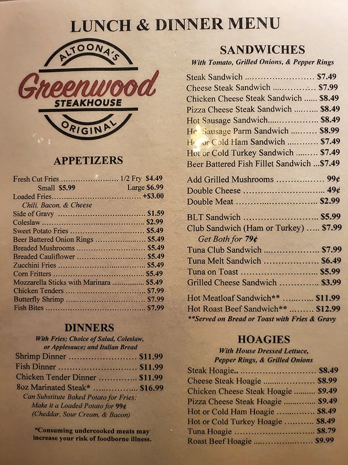 This menu isn't trying to impress with fancy fonts or exotic ingredients—it's the culinary equivalent of your most reliable friend.