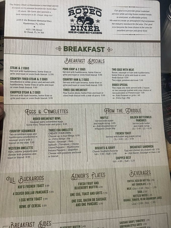 A menu that reads like comfort food poetry – breakfast served all day is the love language of diners everywhere.