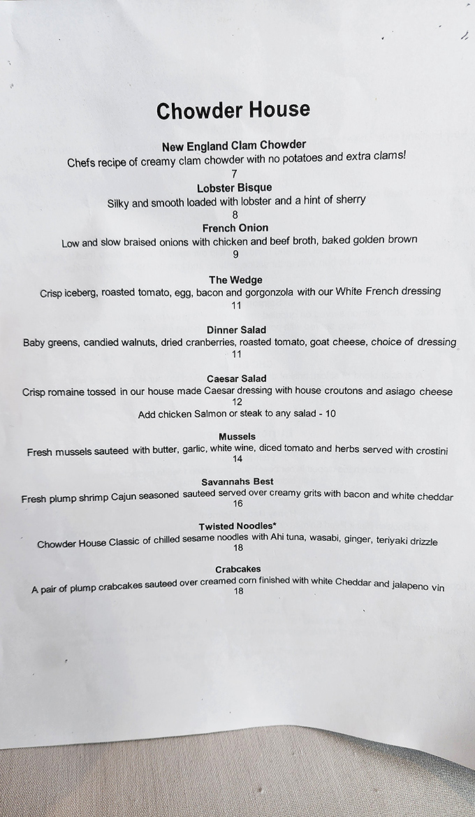 This menu reads like poetry for seafood lovers – notice the "no potatoes, extra clams" promise that separates true chowder aficionados from the pretenders.