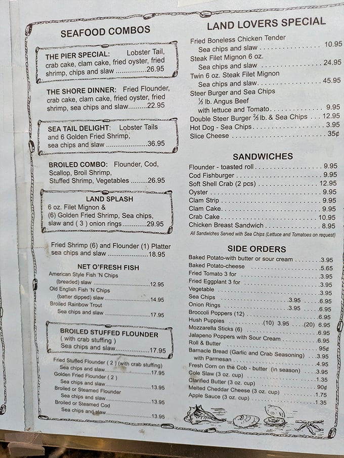 This menu isn't messing around—seafood combos with names like "The Shore Dinner" and "Sea Tail Delight" promise a vacation on a plate.