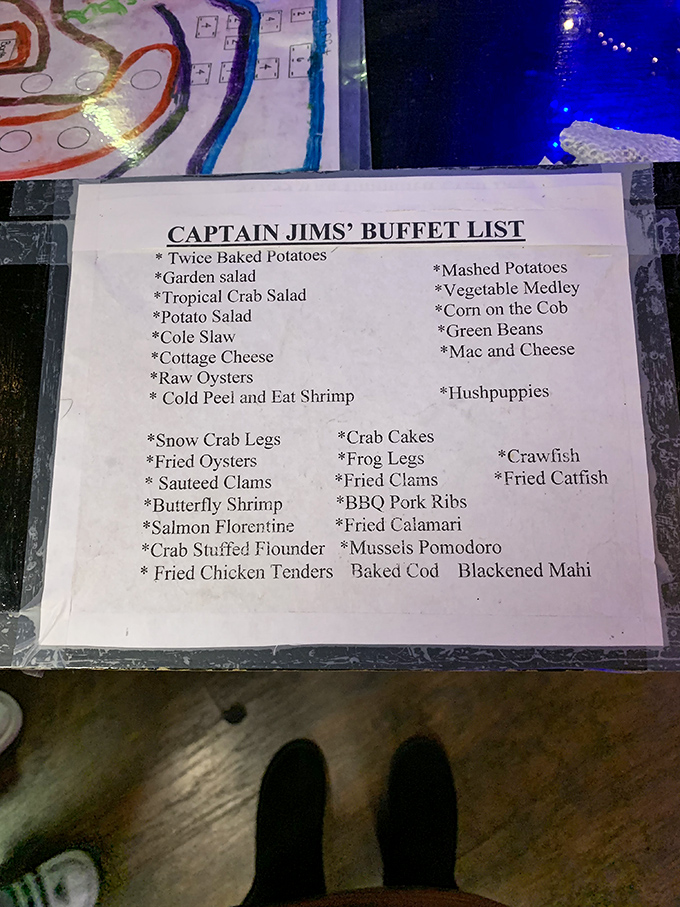 This menu isn't just a list—it's a maritime treasure map. Snow crab legs, frog legs, and mussels pomodoro? X marks the spot!