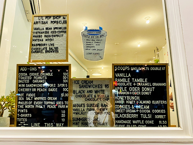 This menu board reads like poetry to dessert lovers—each flavor a promise, each sandwich an adventure waiting to happen. 