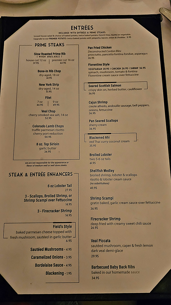 This menu reads like a love letter to carnivores, featuring prime cuts that'll make you forget about chain steakhouses forever.