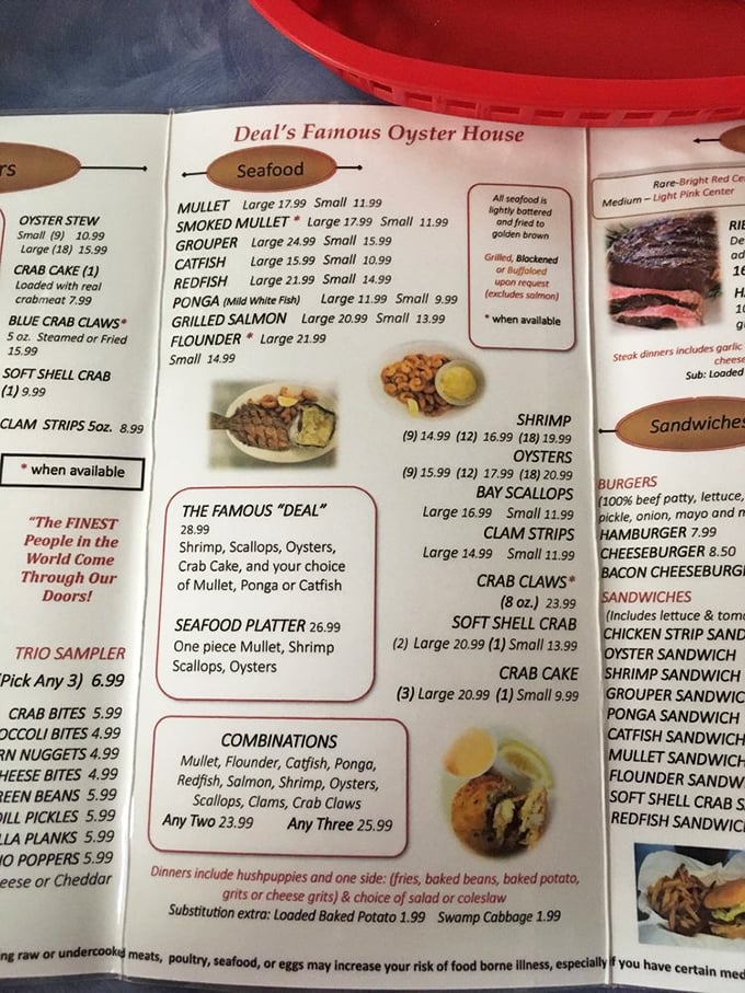 The menu at Deal's reads like a love letter to Gulf seafood—offering everything from oyster stew to "The Famous Deal" sampler that solves the eternal diner's dilemma.