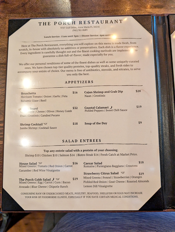 This menu isn't just a list of food—it's a declaration of culinary principles. "No additives or preservatives" is music to my middle-aged ears.