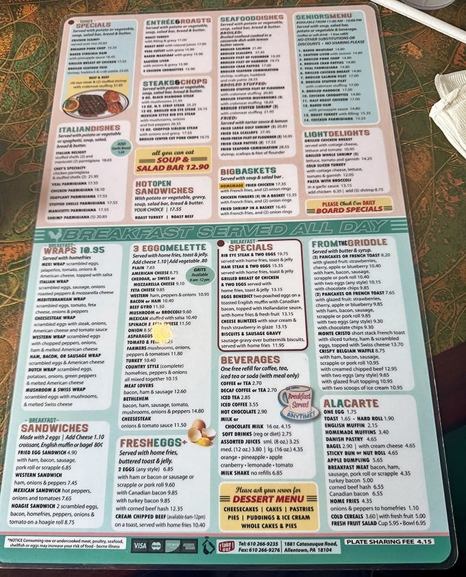 This menu isn't just extensive—it's a novel of comfort food possibilities. The breakfast section alone requires strategic planning and possibly a map.