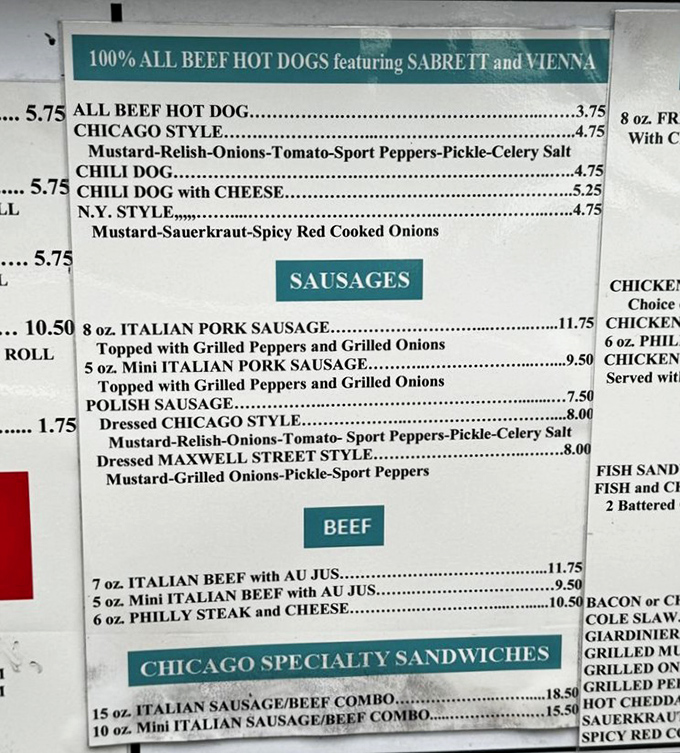 This menu reads like poetry to hot dog aficionados. Each regional style meticulously detailed—a roadmap to frankfurter nirvana.