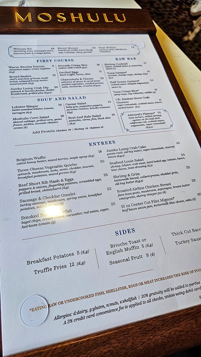 This menu isn't just a list of dishes—it's a maritime treasure map where X marks the spot for jumbo lump crab dip and lobster bisque. Adventure awaits.