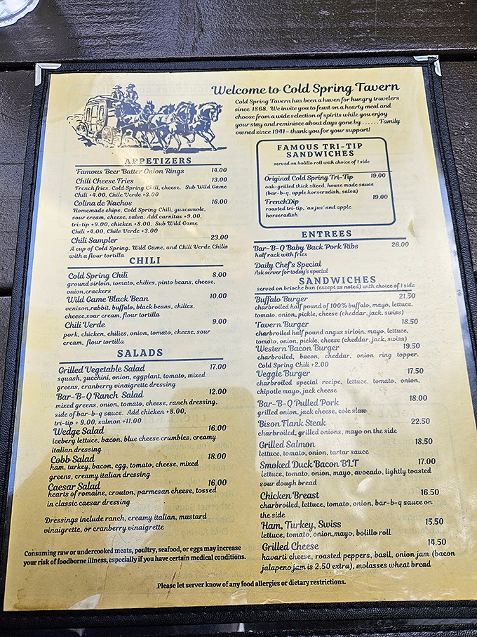 This menu isn't just a list of food—it's a historical document where "Wild Game Chili" and "Tri-Tip Sandwiches" reveal California's culinary heritage.