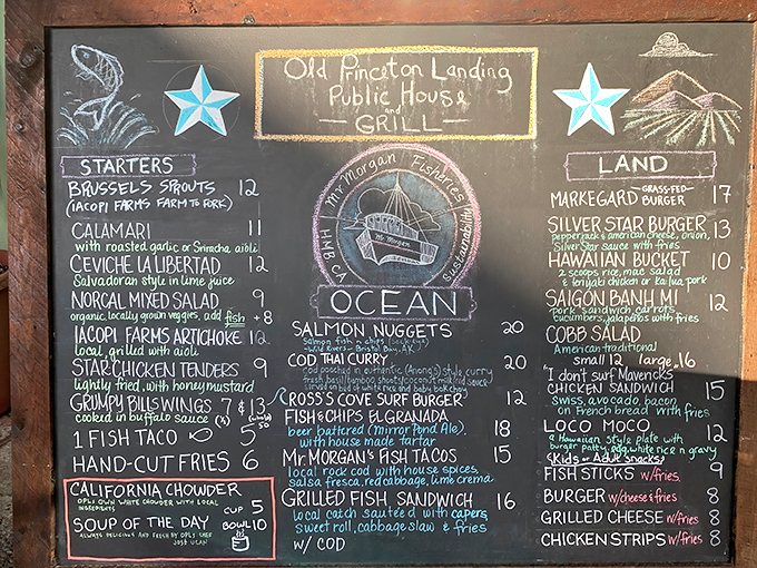 This chalkboard menu isn't just a list - it's a roadmap to culinary happiness. The "Fish & Chips El Granada" beckons with chalk-written promises of perfection.