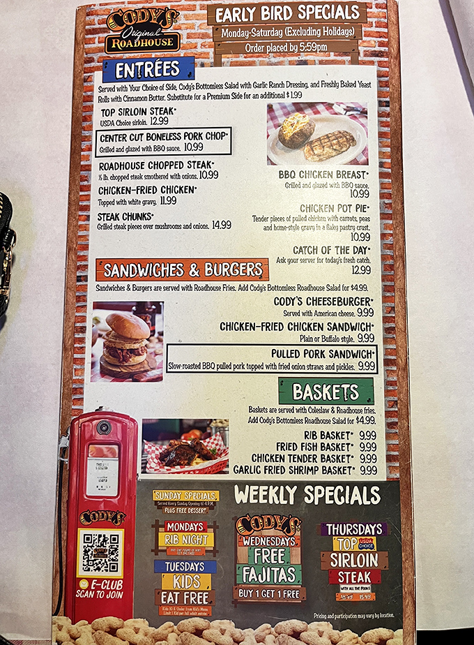 A menu that doesn't need fancy fonts or pretentious descriptions—just straightforward promises of hearty portions and weekly specials that keep locals coming back.