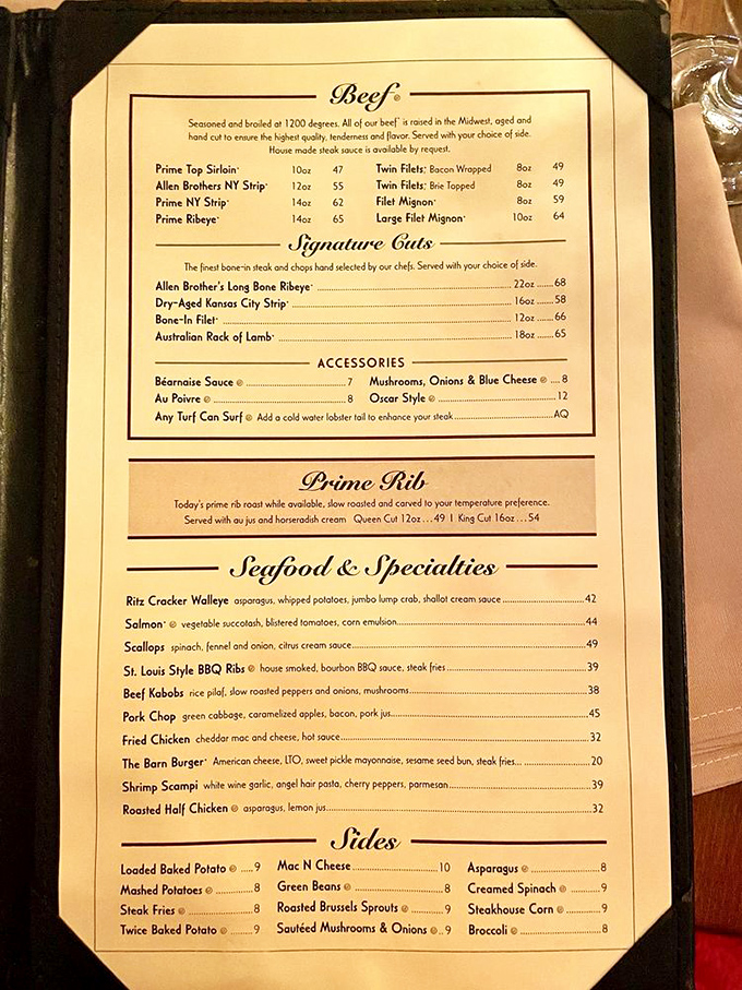 A menu that reads like poetry to carnivores—where prime cuts and seafood specialties compete for your attention and stomach real estate.