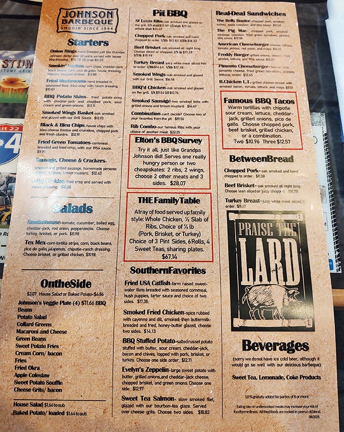 This menu isn't just a list—it's a roadmap to happiness. "Elton's BBQ Survey" and "The Family Table" aren't just meal options, they're invitations to a flavor party.