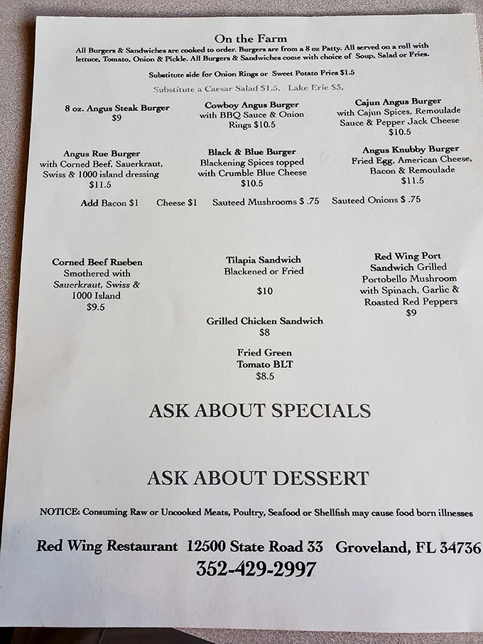 This menu isn't just a list of food—it's a roadmap to happiness. The "Ask About Dessert" might be the most important line.