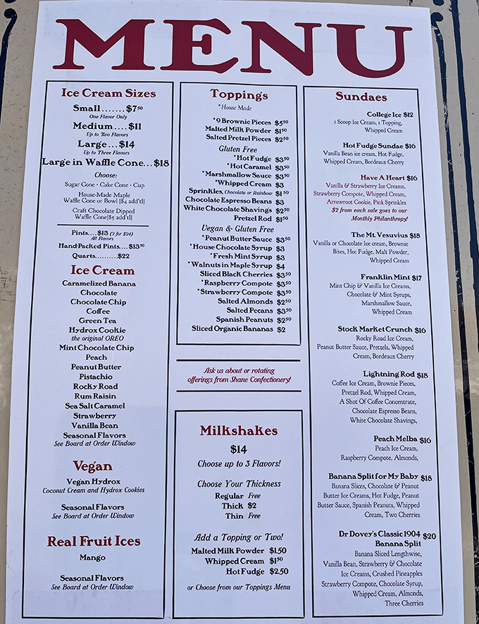 This menu isn't just a list; it's a manifesto of frozen devotion. The "thickness options" for milkshakes alone deserve a moment of silent respect.