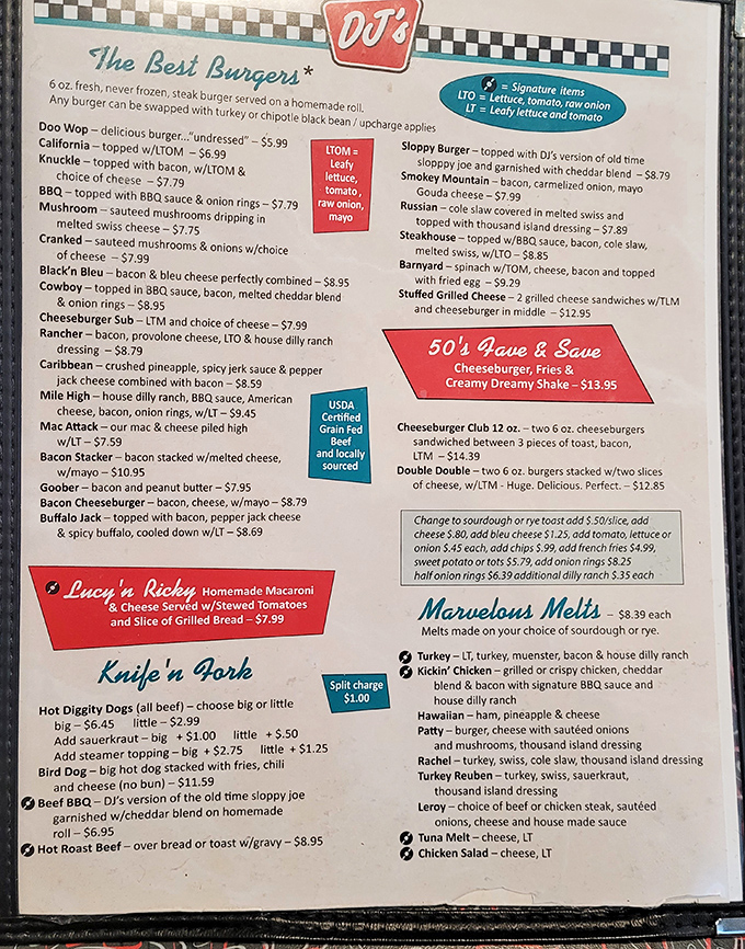 This isn't just a menu—it's a roadmap to happiness. From "Doo Wop" burgers to "Marvelous Melts," each option promises a delicious journey.