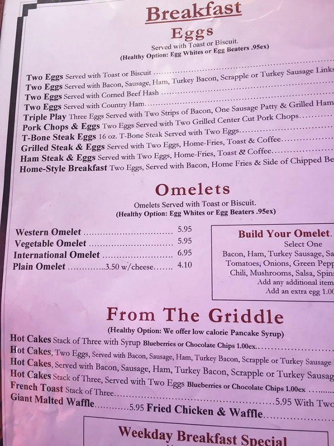 The breakfast menu reads like poetry to the hungry soul—no fancy descriptions needed when "Two Eggs with Toast" says everything that matters.