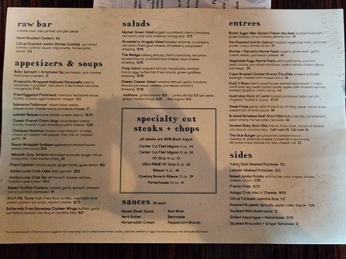 A menu that reads like a love letter to carnivores. The "Specialty Cut Steaks & Chops" section alone could make a vegetarian reconsider their life choices.