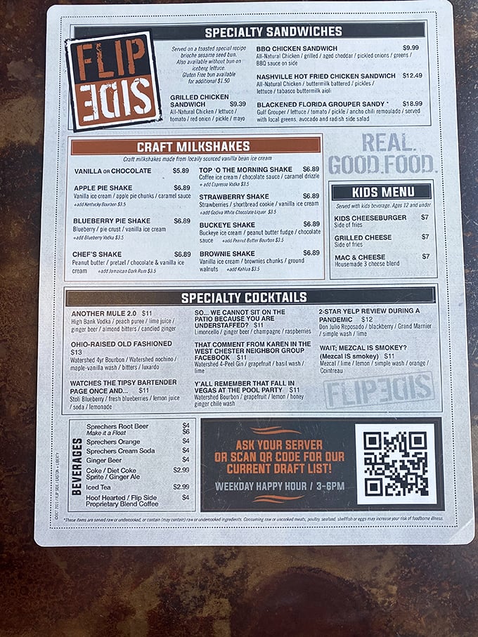 A menu that speaks plain English – no decoder ring required to order those legendary sweet potato fries here.