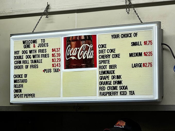 The menu board at Gene & Jude's is a masterclass in simplicity. Four food items, some drinks, and absolutely zero pretension.