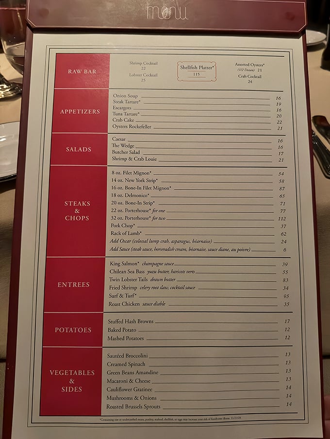 This menu isn't just a list of options—it's a roadmap to bliss. Each line promises a different journey into steakhouse perfection.