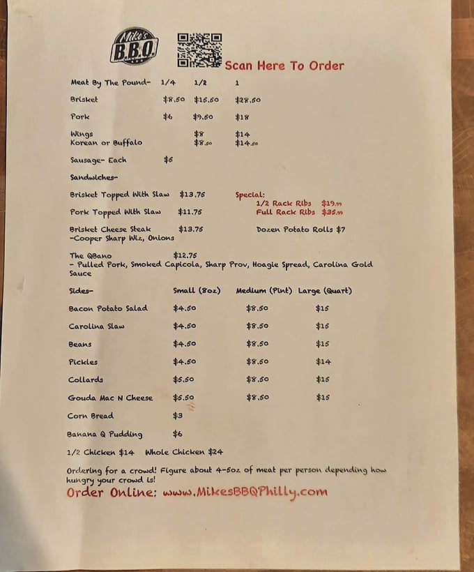 A menu that gets straight to the point: meat by the pound, sandwiches that demand two hands, and sides that refuse to be afterthoughts.