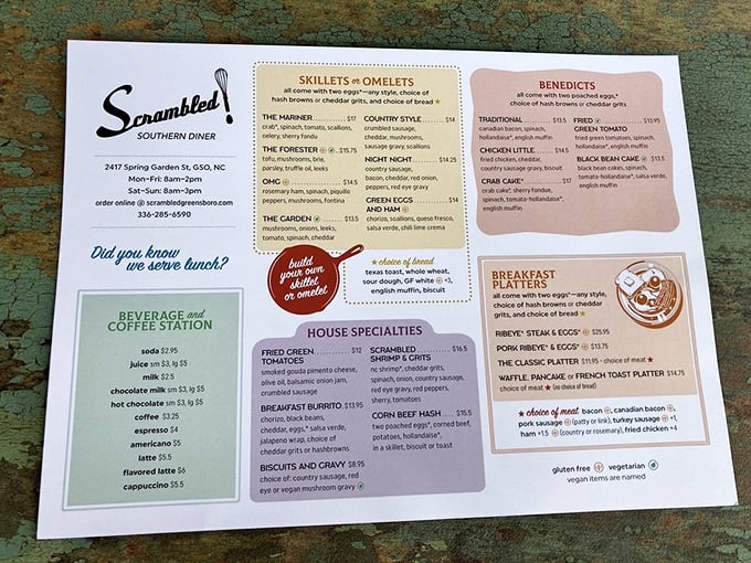 This menu isn't just a list of food—it's a roadmap to happiness. The "build your own skillet" section should come with a warning: decisions ahead.